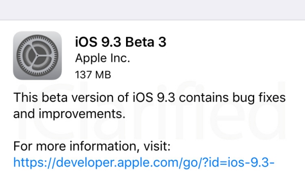 แอปเปิลออกอัปเดท iOS 9.3 beta 3 สำหรับนักพัฒนา แก้บั๊ก ปรับปรุงประสิทธิภาพการทำงาน