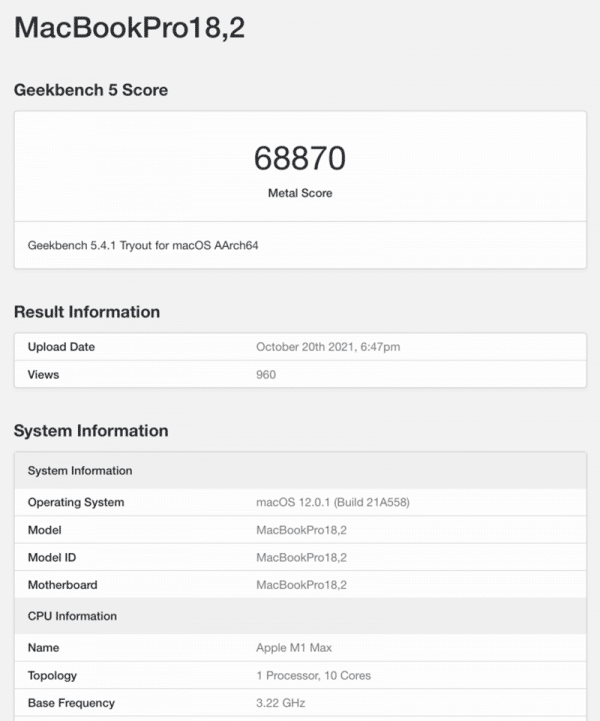 เผยผล Geekbench โชว์ชิป M1 Max มี GPU แรงกว่า MacBook Pro 16" ถึง 181%