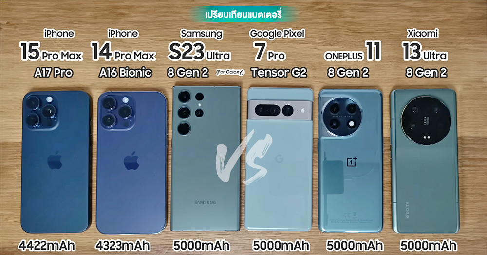 เปรียบเทียบแบตเตอรี่ iPhone 15 Pro Max vs 14 Pro Max vs S23 Ultra vs Pixel 7 Pro vs OnePlus 11 ...